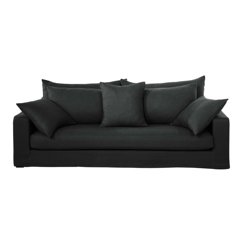 3 Seater Washed Linen Sofa In Charcoal Grey Gaspard Maisons Du Monde