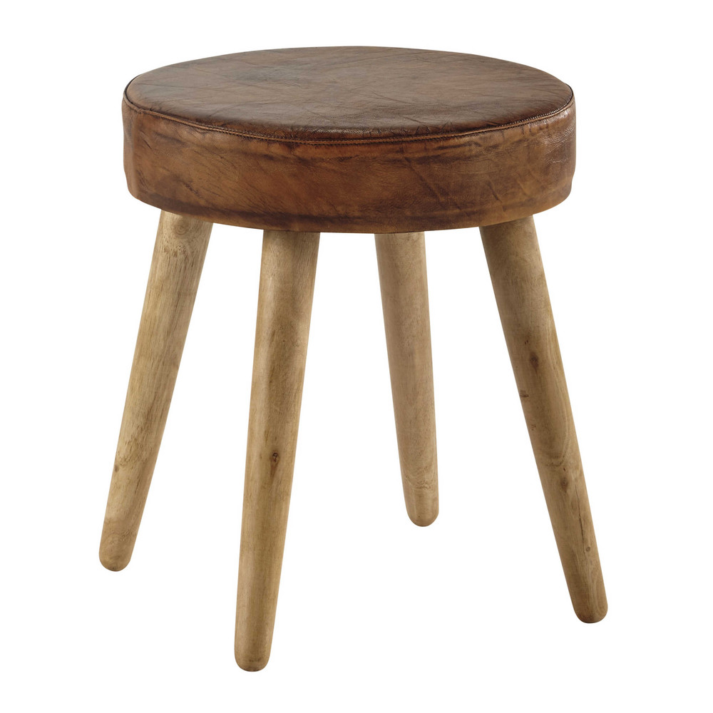 Hocker AARON aus braunem Leder und Mangoholz | Maisons du Monde